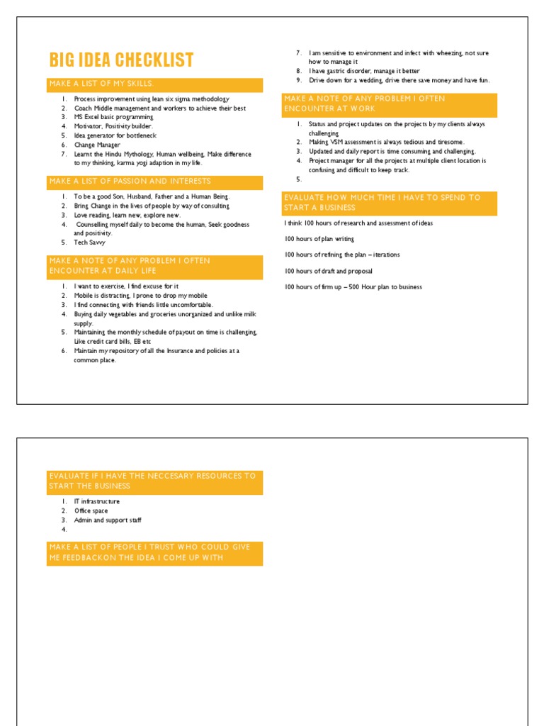 Big Idea Checklist: Make A List of My Skills. Make A Note of Any ...