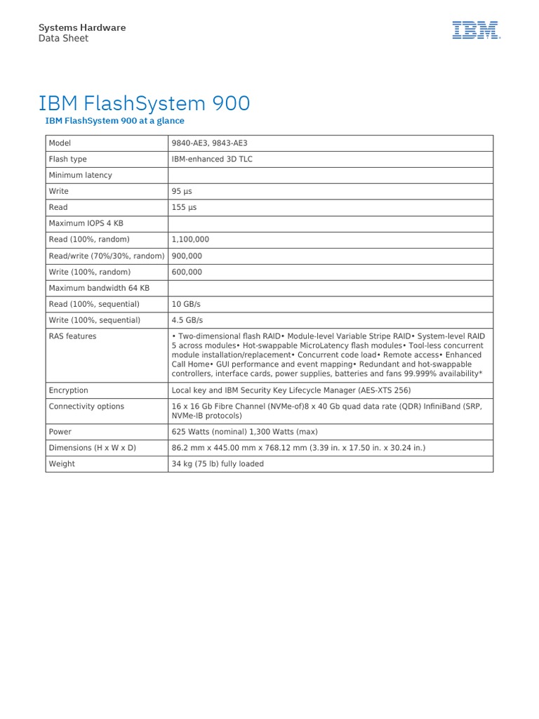 IBM FlashSystem 900 Specs | PDF | Flash Memory | Computer Architecture