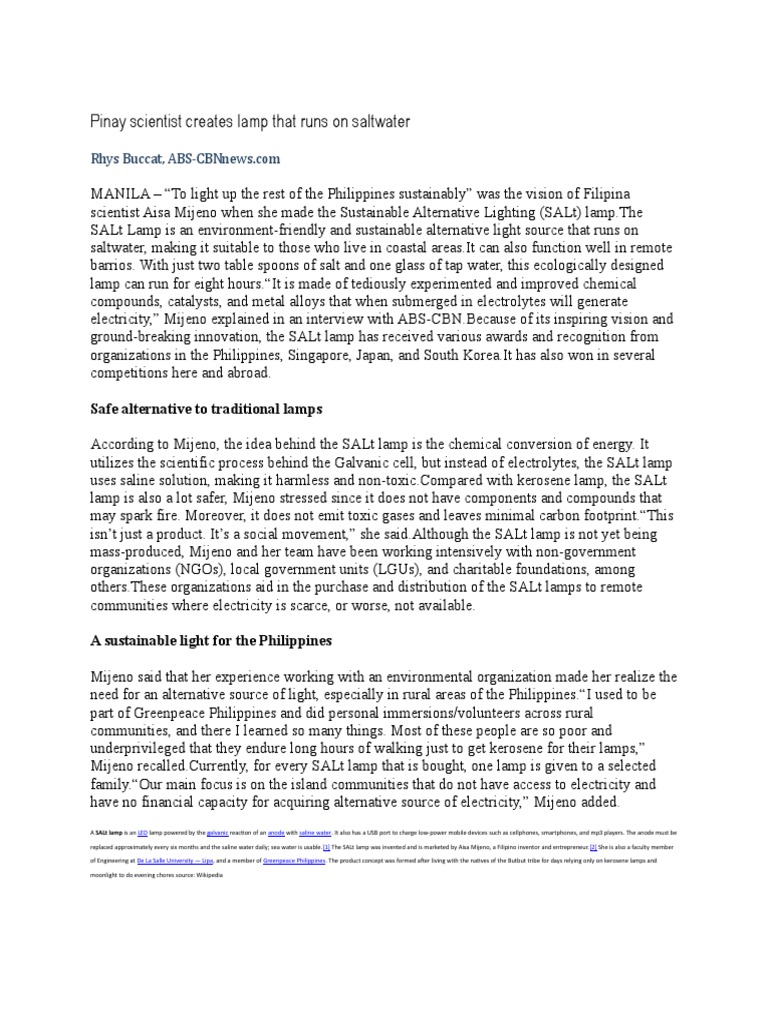 Filipino scientist wins praise from Obama for salt lamp invention | PDF ...