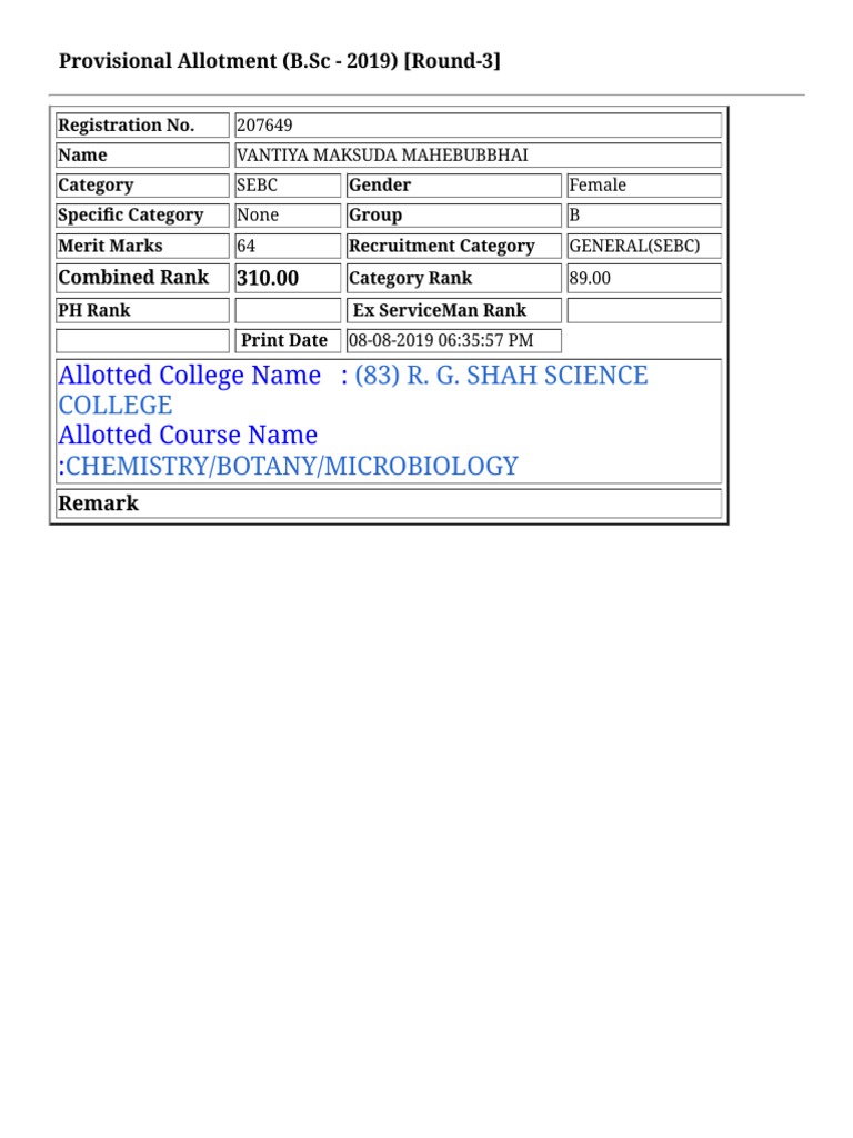 B.Sc Provisional Allotment 2019 Round 3 | PDF