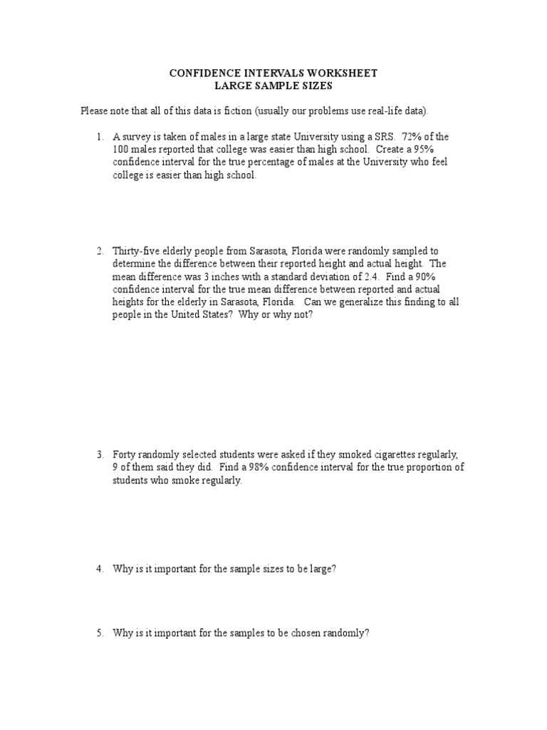 Confidence Intervals Worksheet Large Sample Sizes | PDF