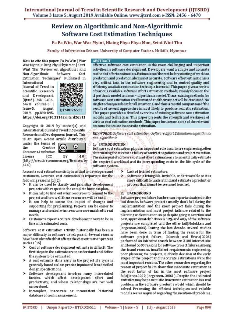 Review On Algorithmic And Non Algorithmic Software Cost Estimation Techniques Pdf Artificial