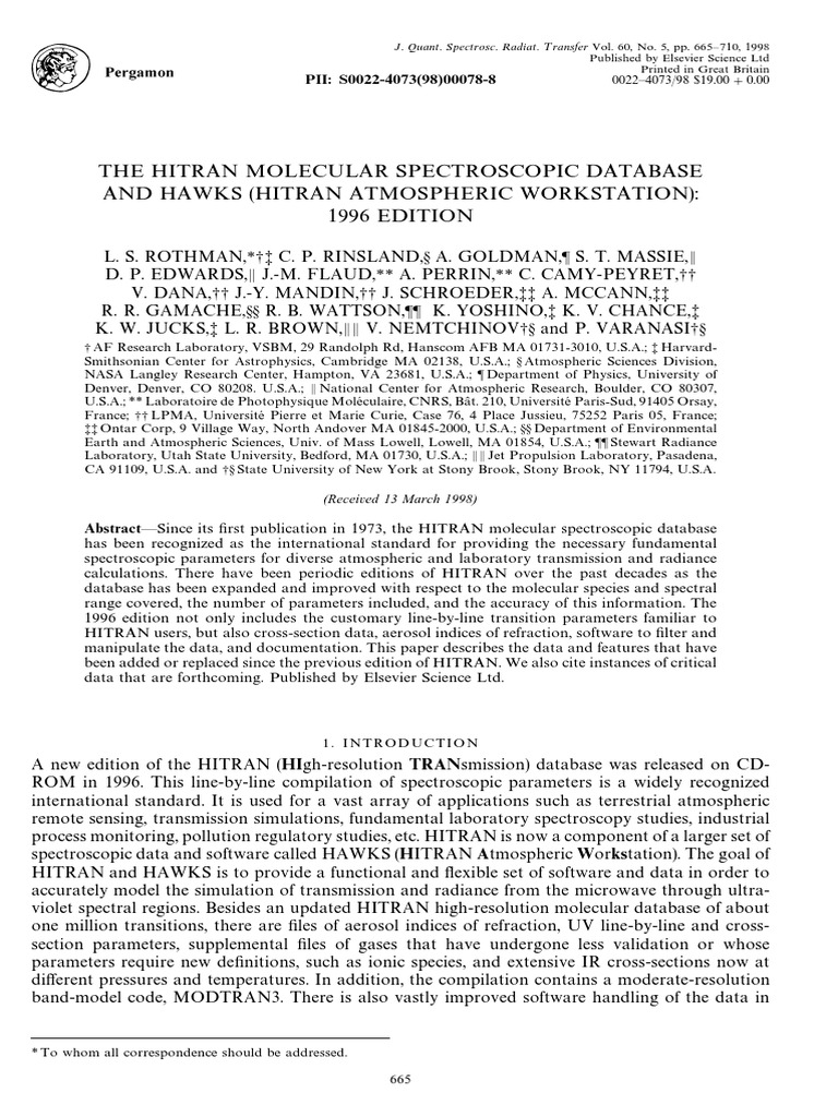 The Hitran Molecular Spectroscopic Database and Hawks (Hitran ...