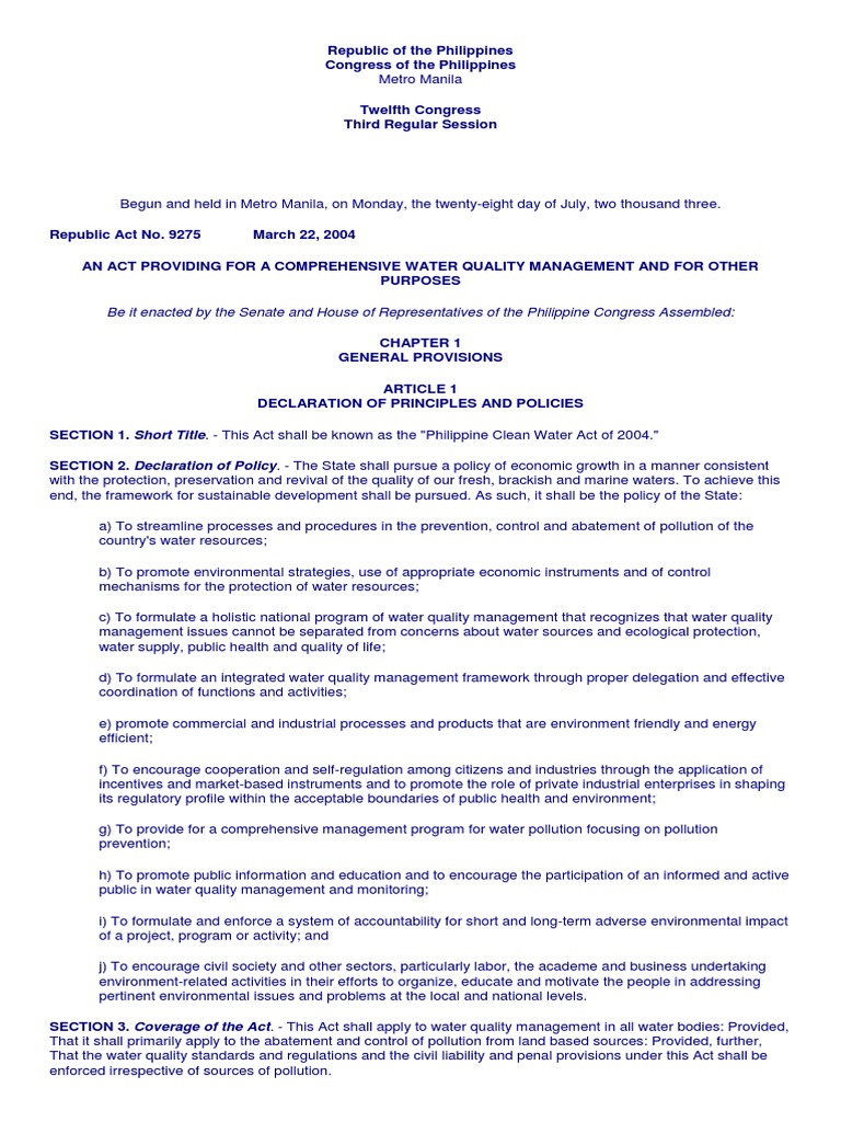 Republic Act No. 9275 Clean Water Act | PDF | Water Pollution | Groundwater