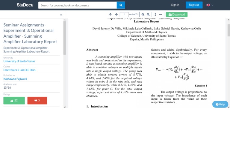 Summing Amplifier Lab Report | PDF | Amplifier | Operational Amplifier