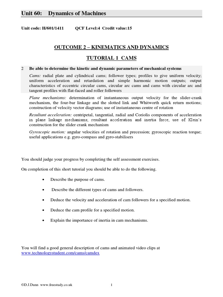 Unit 60: Dynamics of Machines: Outcome 2 - Kinematics and Dynamics Tutorial 1 Cams | PDF ...