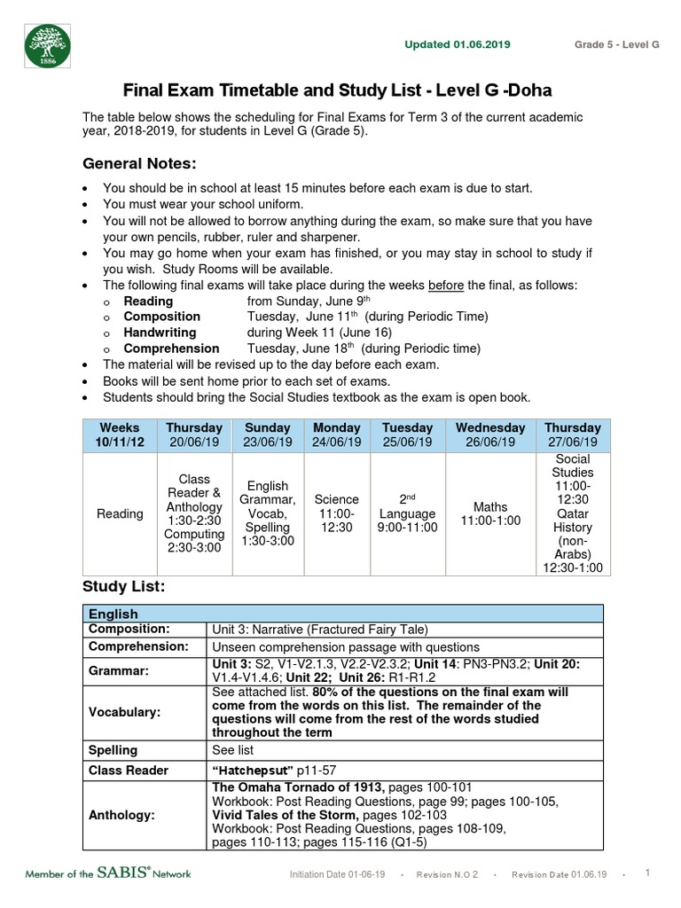 Gr5 Final Exam Schedule and SL T3-DOHA - 866352 | PDF | Linguistics