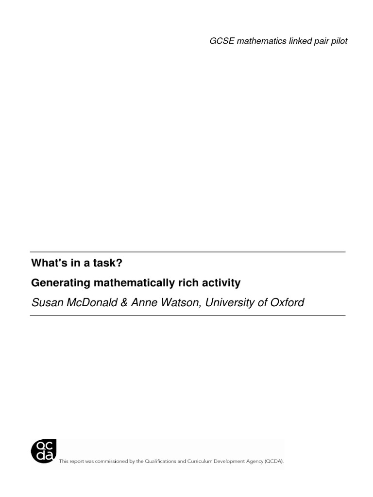 What'S in A Task? Generating Mathematically Rich Activity: Susan ...