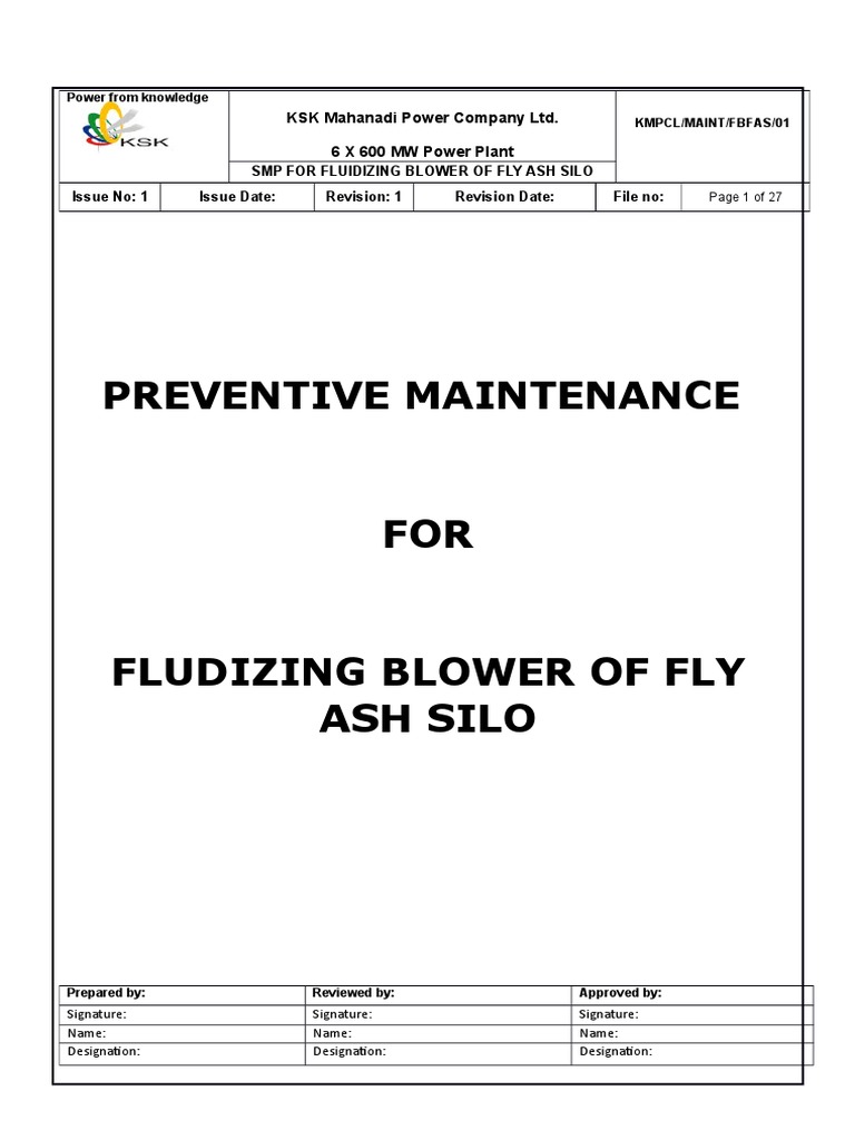 PM WORK For Fluidizing Blower of Fly Ash Silo | PDF | Mechanical ...