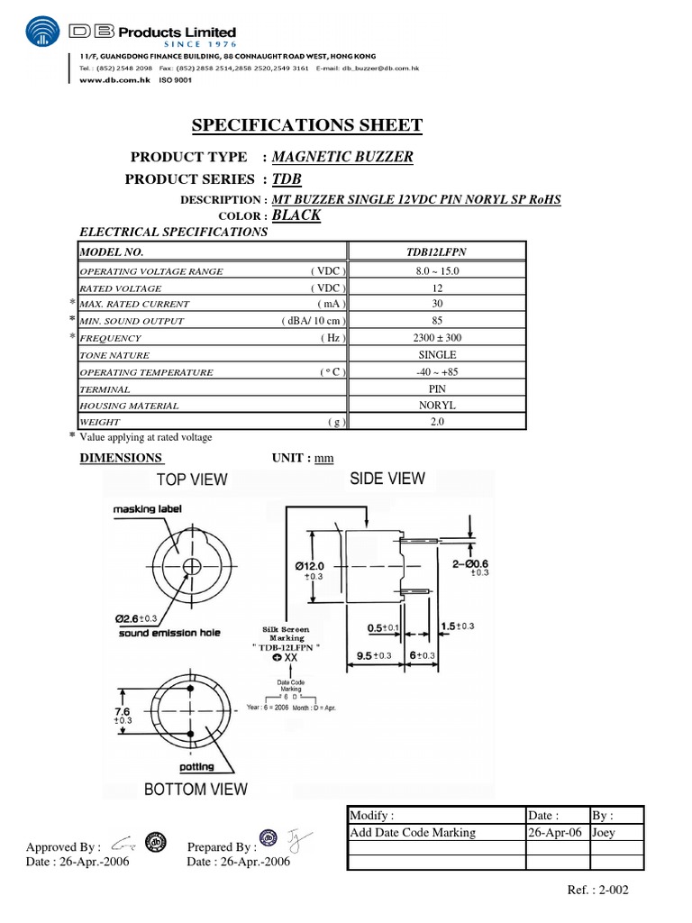 Specifications Sheet: Product Type: Magnetic Buzzer Product Series: TDB ...