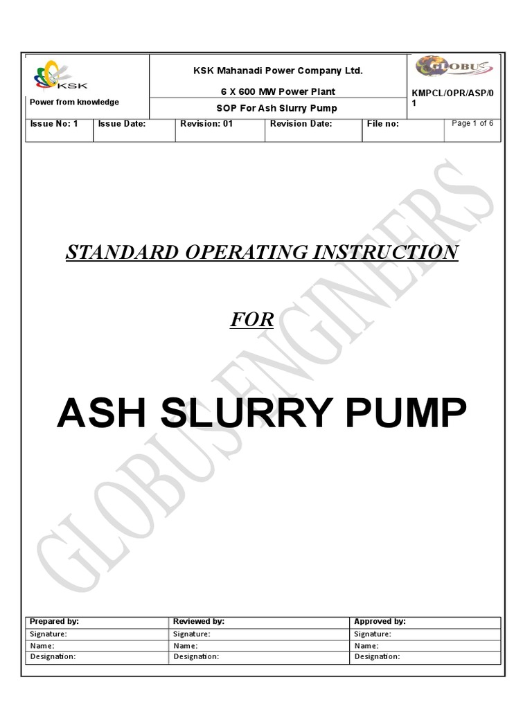 Sop For Ash Slurry Pump (r1) | PDF | Pump | Valve