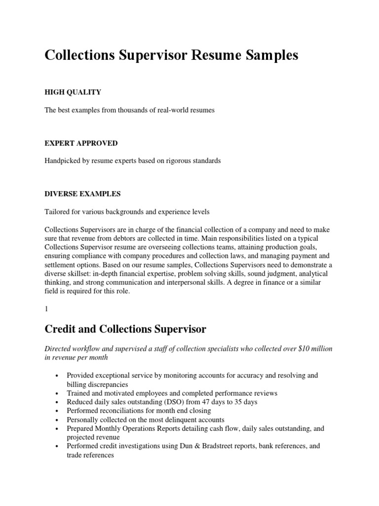 Collections Supervisor Resume Samples | PDF | Performance Appraisal ...