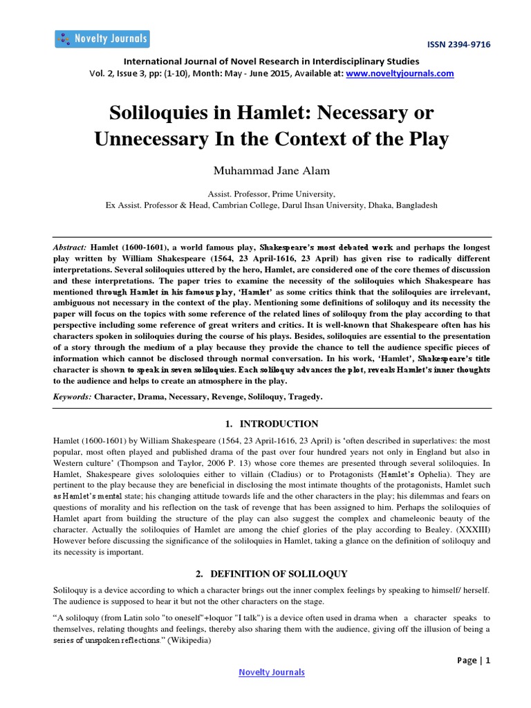 Soliloquies in Hamlet Necessary or Unnecessary in The Context of The ...