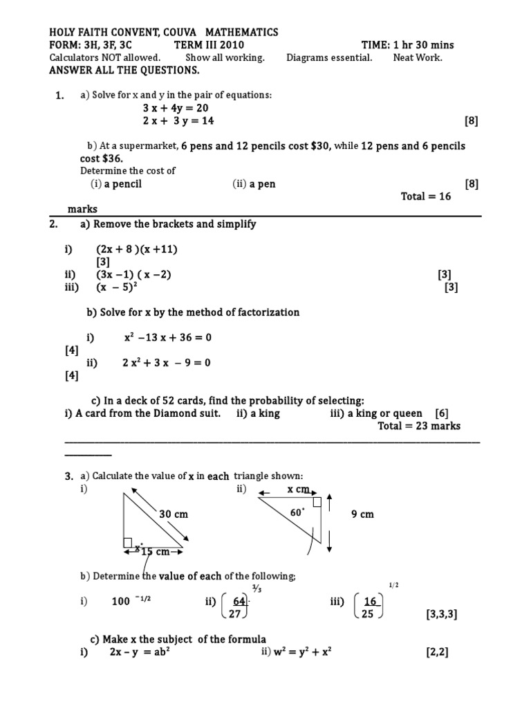 Form 3 Math Practice Test - Term 3 | PDF | Area | Geometry
