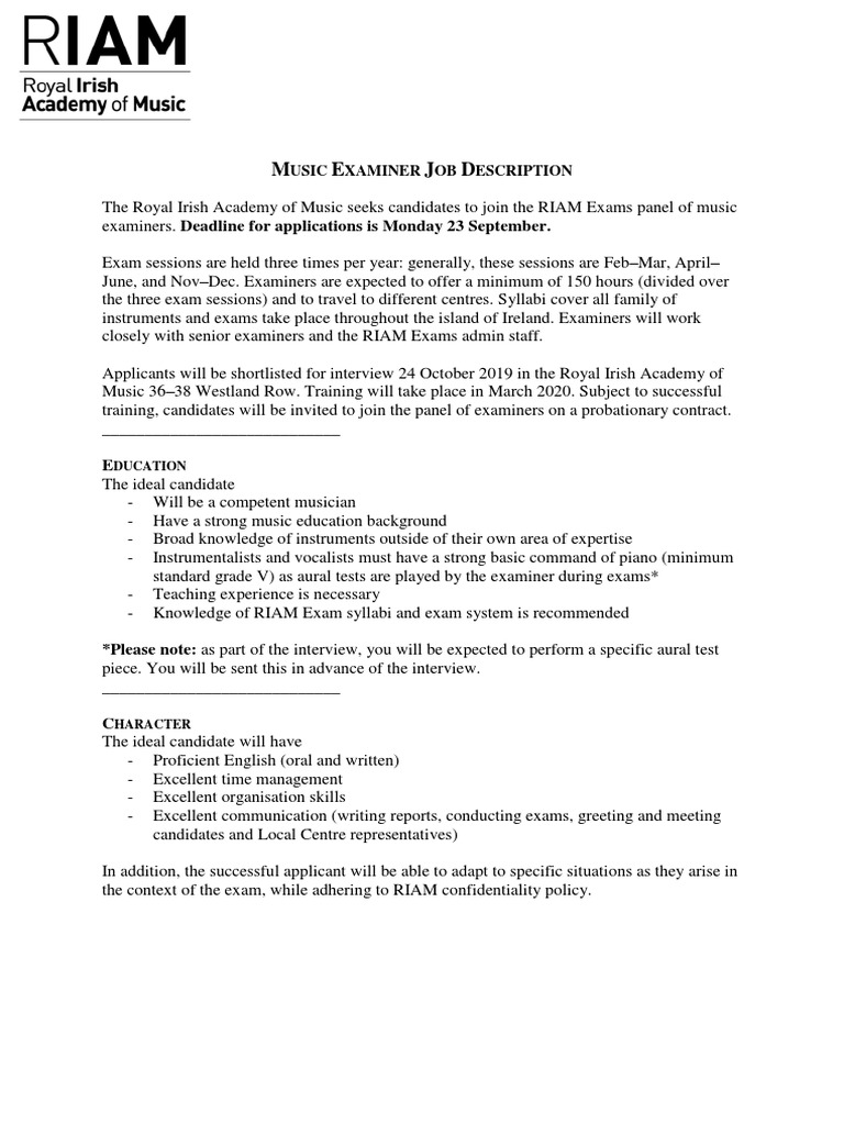 RIAM Exams Music Examiner Job Application Form | PDF | Syllabus | Test ...