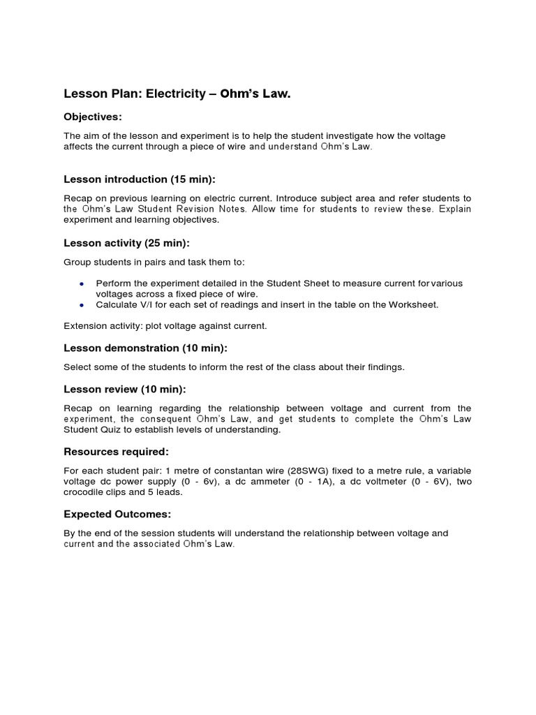 Ohms Law Lesson-Plan | PDF | Voltage | Electrical Resistance And ...