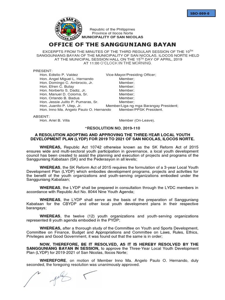 Resolution 110 Local Youth Development Plan 2019 Lydp | Philippines ...