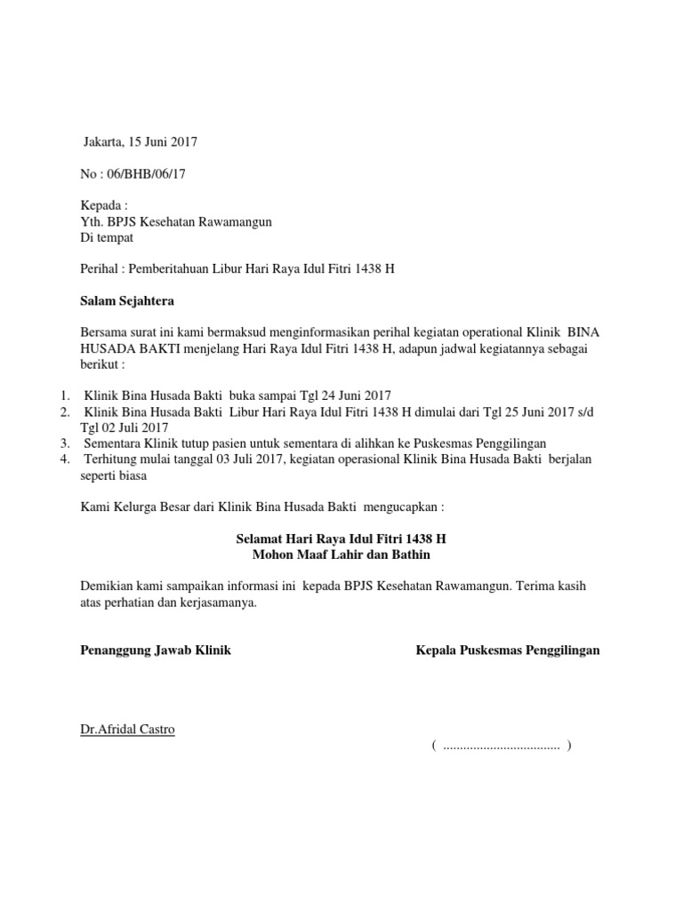 Surat Pemberitahuan Libur Lebaran | PDF