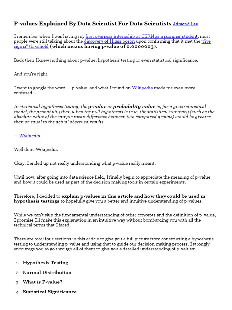 P-values Explained By Data Scientist For Data Scientists | PDF | P ...