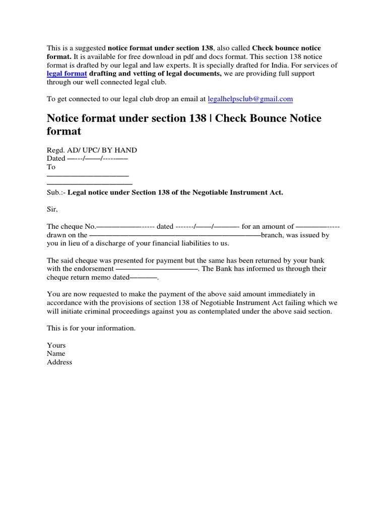 Section 138 Cheque Bounce Notice Format | PDF | Finance & Money ...