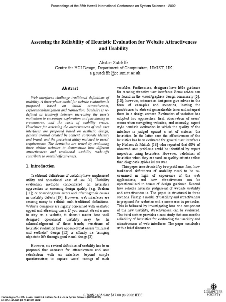 Assessing The Reliability of Heuristic Evaluation For Website Attractiveness and Usability | PDF ...