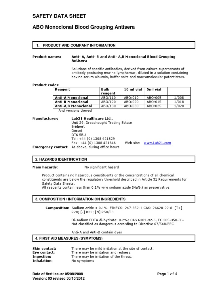 Safety Data Sheet ABO Monoclonal Blood Grouping Antisera | PDF | Safety ...