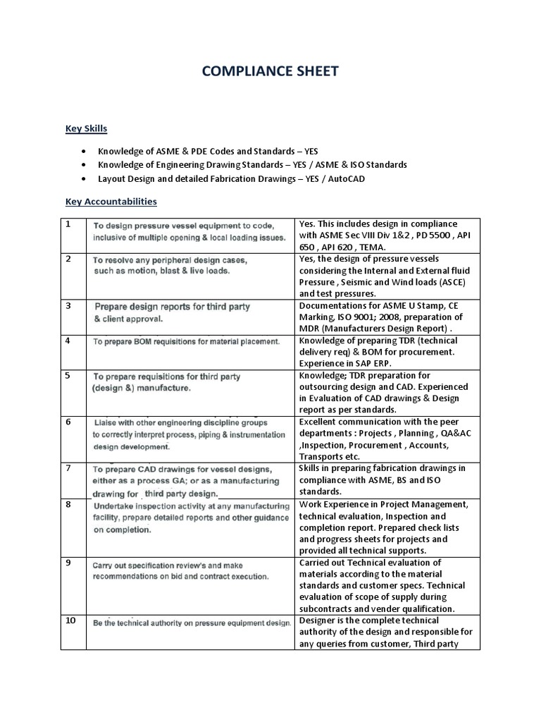 Compliance Sheet: Key Skills | PDF | Iso 9000 | Engineering
