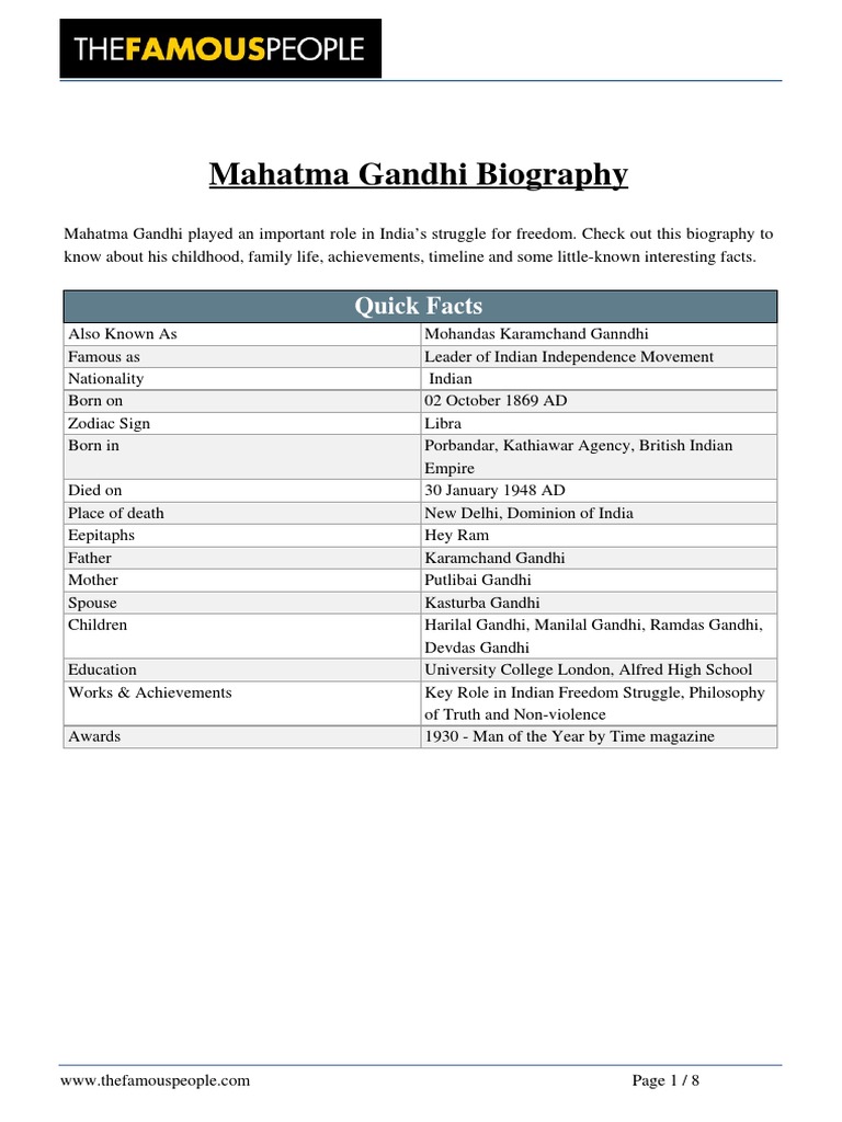 Mahatma Gandhi Biography: Quick Facts | PDF | Mahatma Gandhi | Indian ...