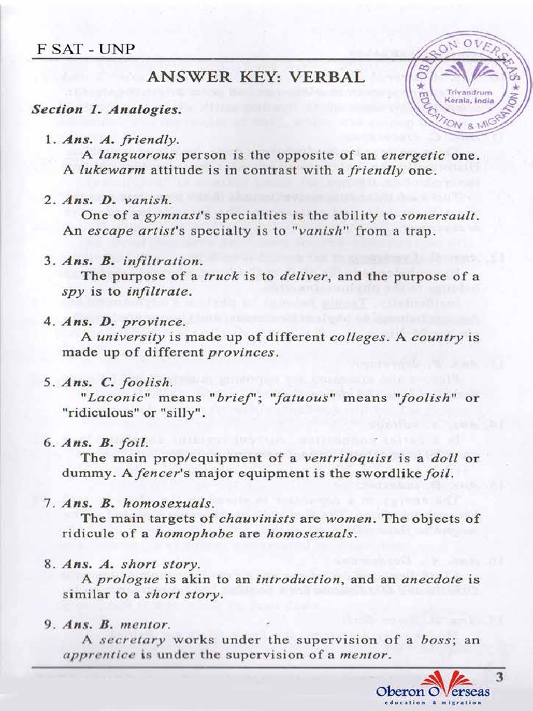 Test A Verbal Answers | PDF