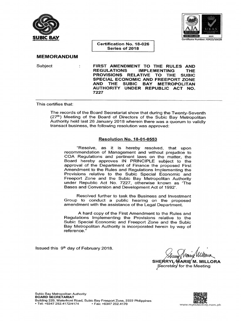 SBMA Board Resolution No. 18-026 | PDF