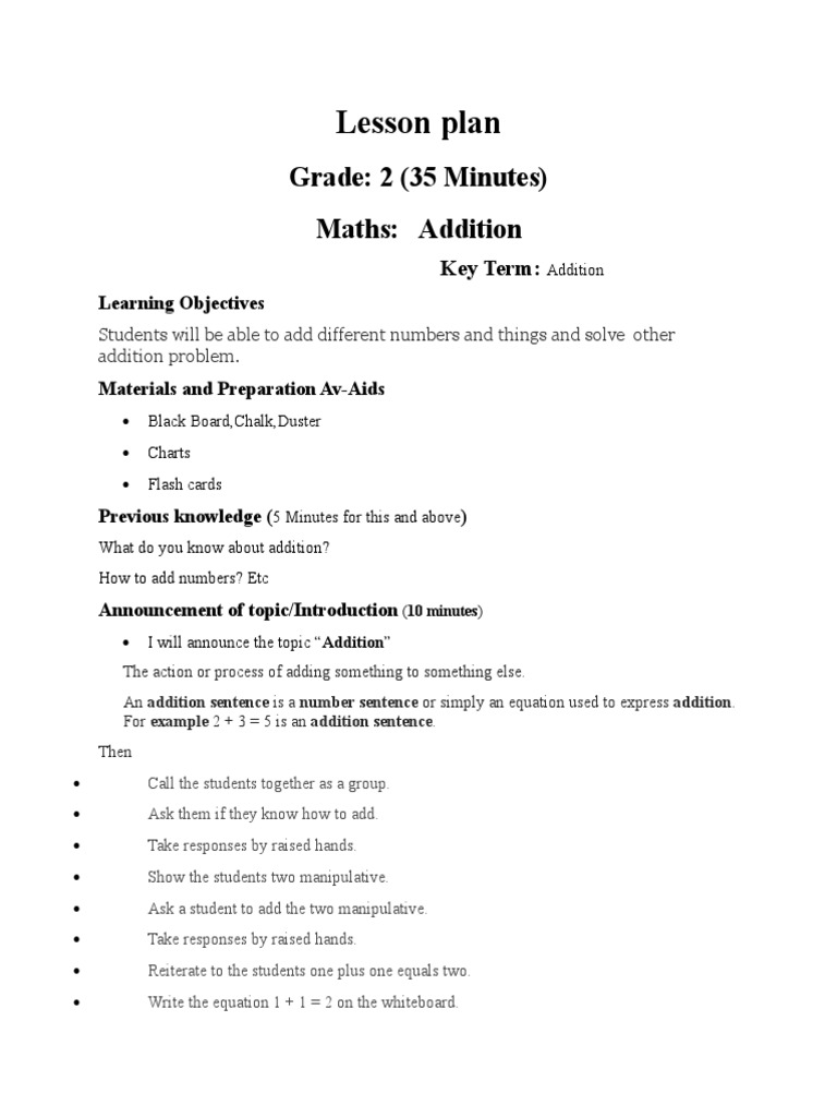 Lesson Plan: Grade: 2 (35 Minutes) Maths: Addition | PDF | Lesson Plan ...