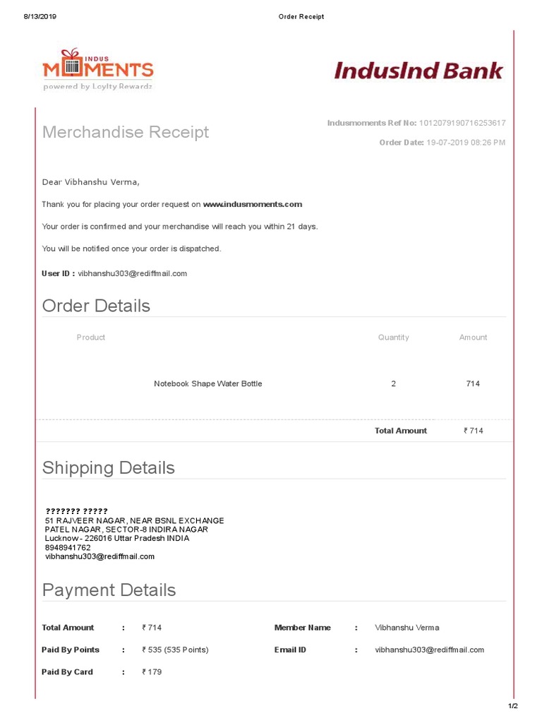 Merchandise Receipt: Order Details | Download Free PDF | Receipt | Voucher