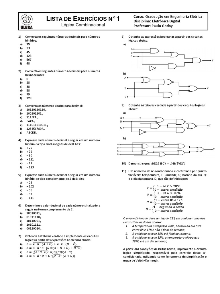 Exercícios - Sistemas Digitais I | Eletrônicos Digital | Rede Elétrica ...