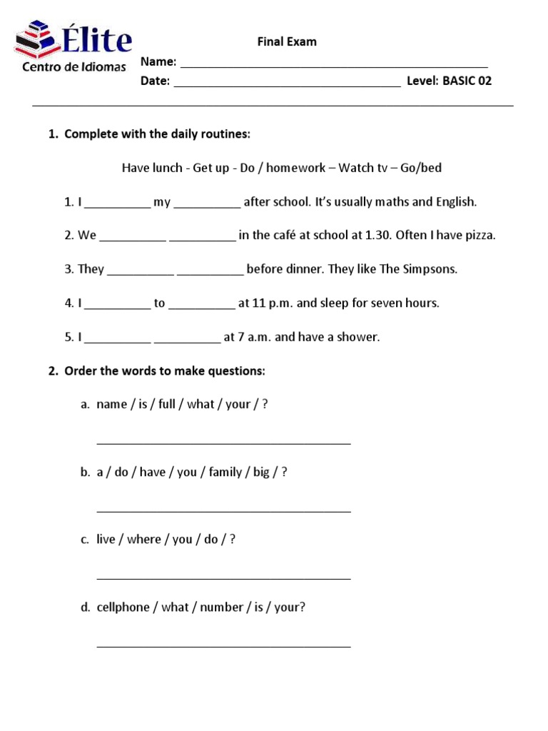 Basic English Exam for Beginners | PDF