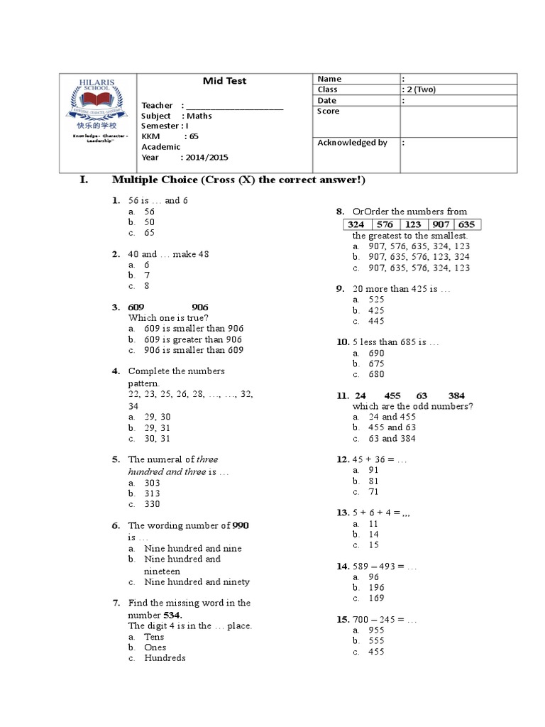 Grade 2 - Mid Test Math - SMT 1.ok | PDF | Learning