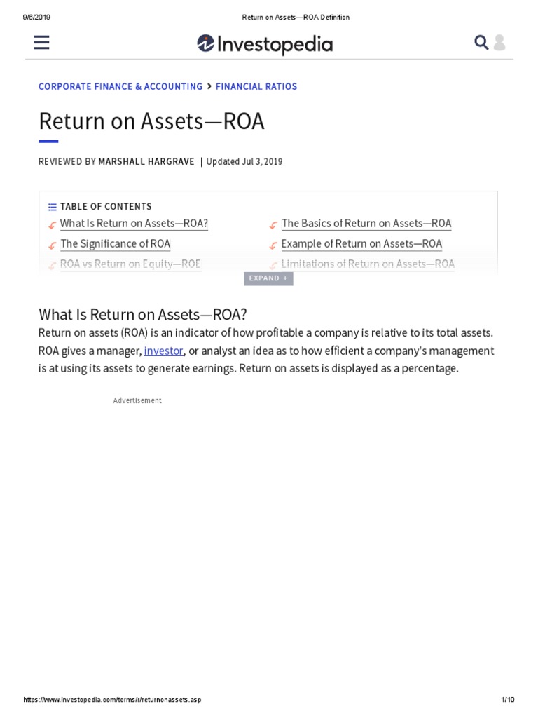 Return On Assets-ROA Definition | PDF | Financial Ratio | Equity (Finance)