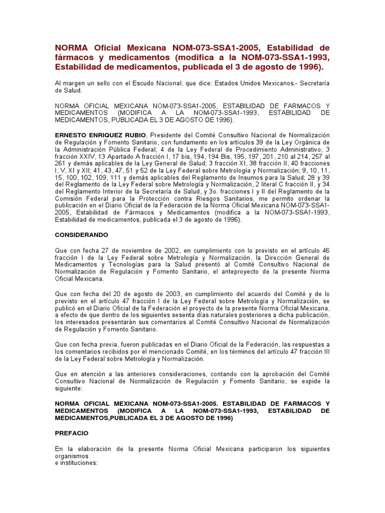 Norma NOM-073-SSA1-2005 sobre Estabilidad de Medicamentos | PDF ...