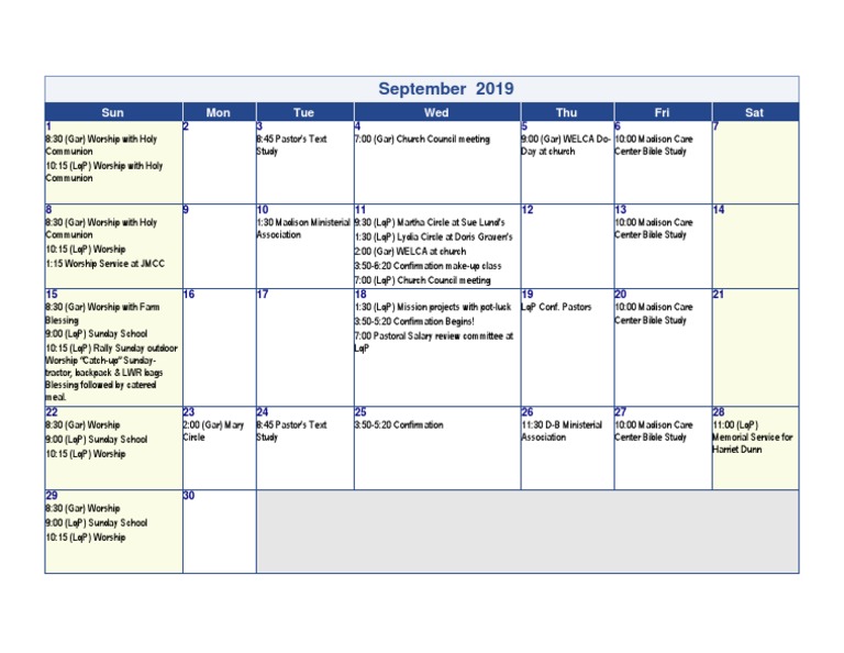 September 2019 Church Events Calendar | PDF | Protestantism | Religious ...
