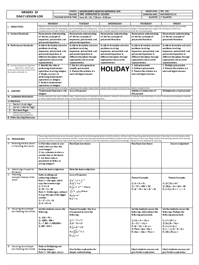 Math 10 DLL | PDF | Polynomial | Teachers