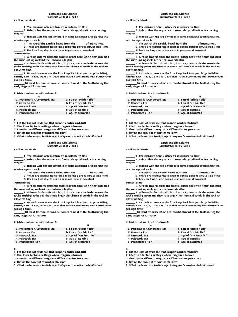 Earth and Life Science SH Summative Test 2 Sample | PDF | Magma | Rock ...