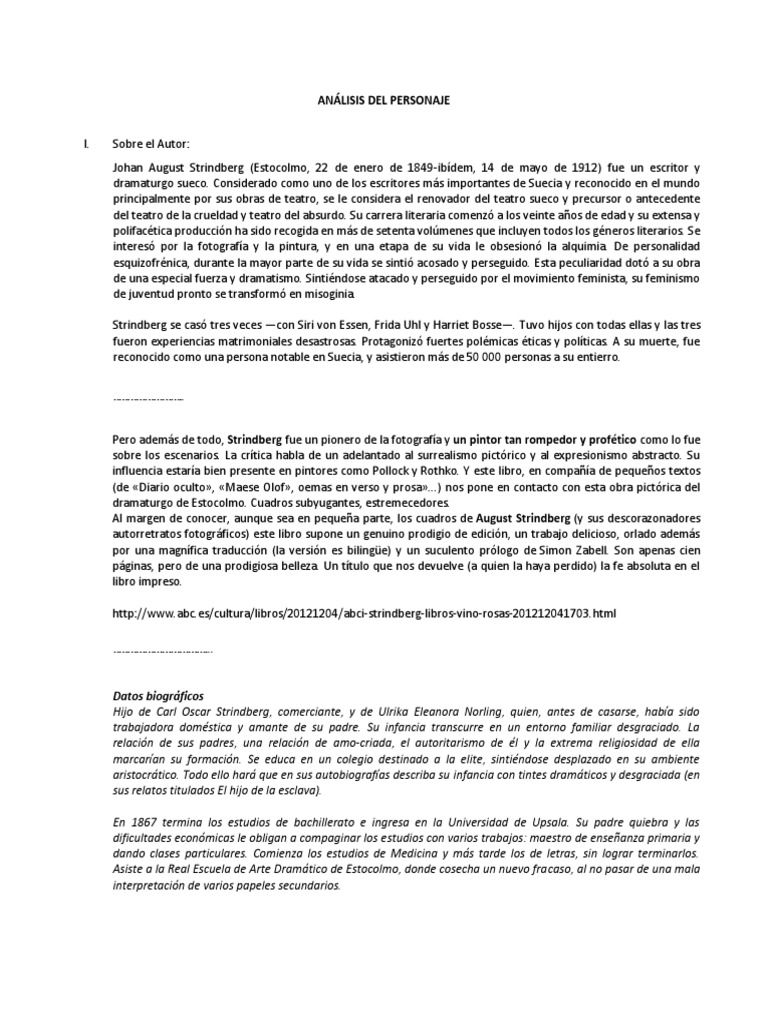 Análisis del personaje Strindberg | PDF | Determinismo | Metafísica