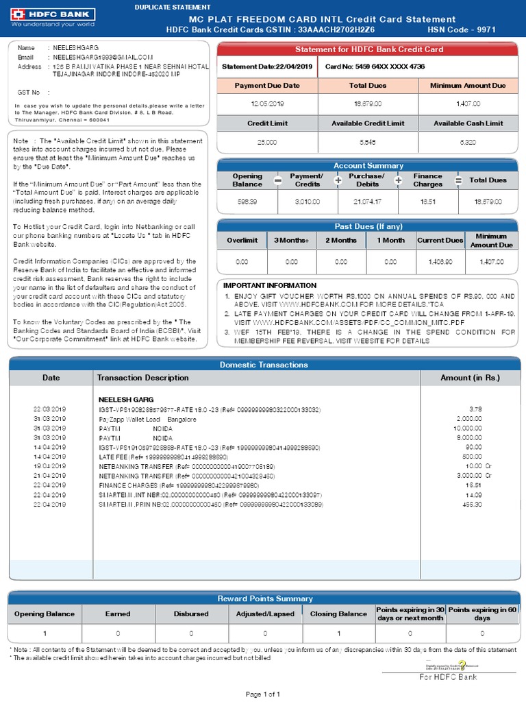 HDFC Bank Credit Cards GSTIN 33AAACH2702H2Z6 HSN Code 9971 PDF Credit Card Banks