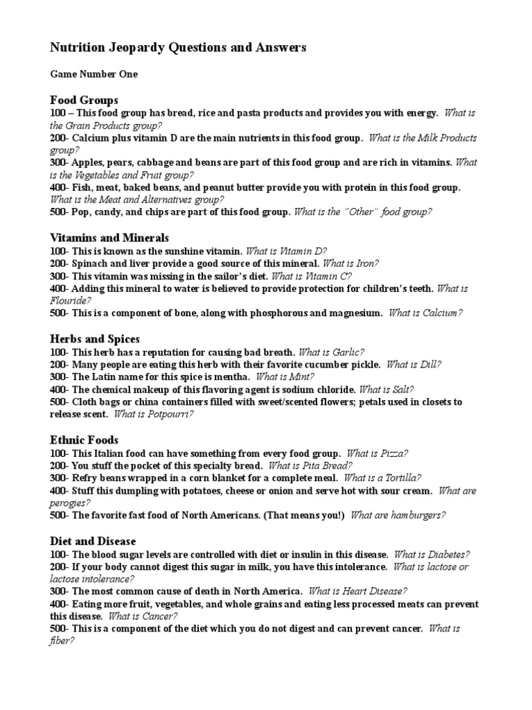 Nutrition Jeopardy Questions and Answers | PDF | Vitamin | Foods