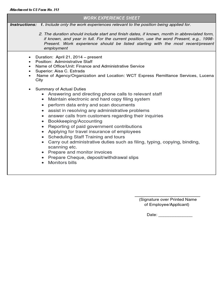 CS Form No. 212 Attachment - Work Experience Sheet | PDF
