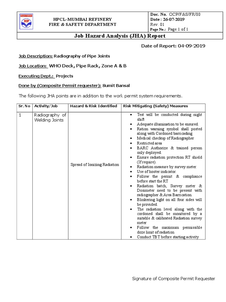 Job Hazard Analysis (JHA) Report: Rev: 01 Page 1 of 1 | PDF | Ionizing ...