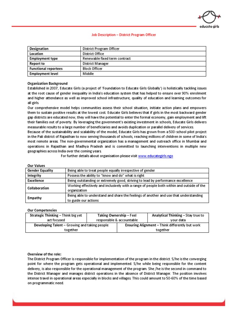Job Description - District Program Officer: WWW - Educategirls.ngo ...