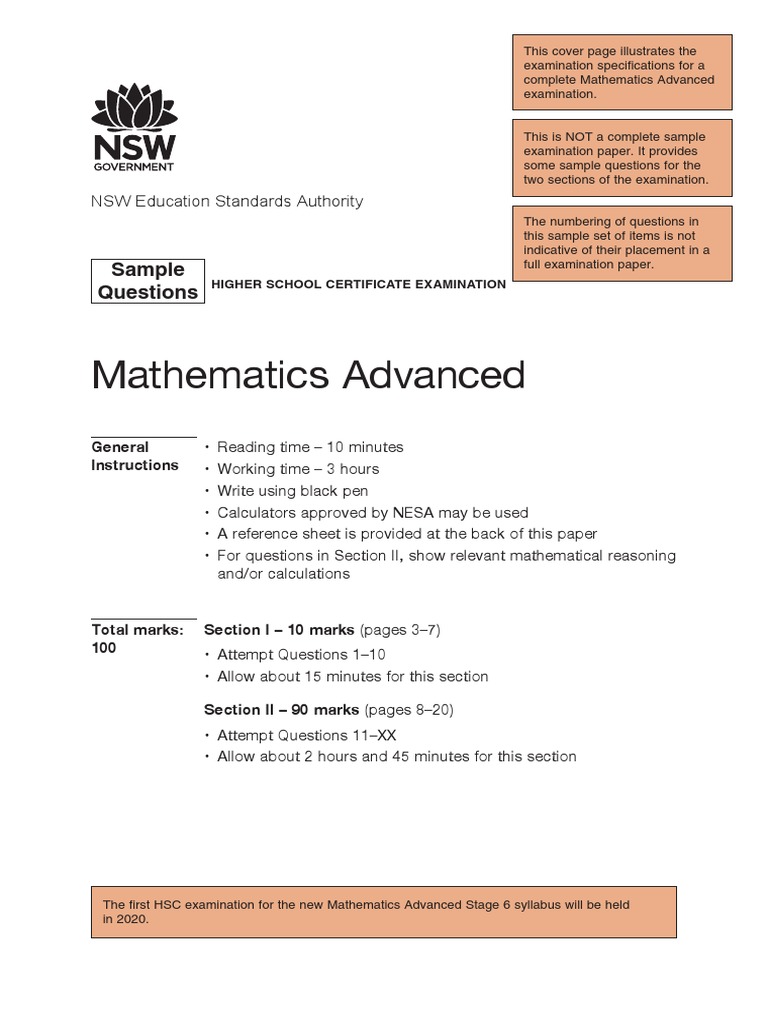 Mathematics Advanced Sample Examination Materials 2020 | PDF | Test ...