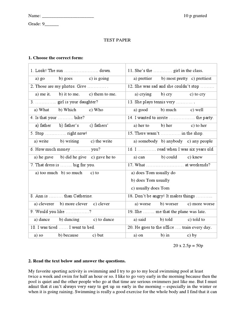 Placement Test 9th Grade | PDF | Swimming