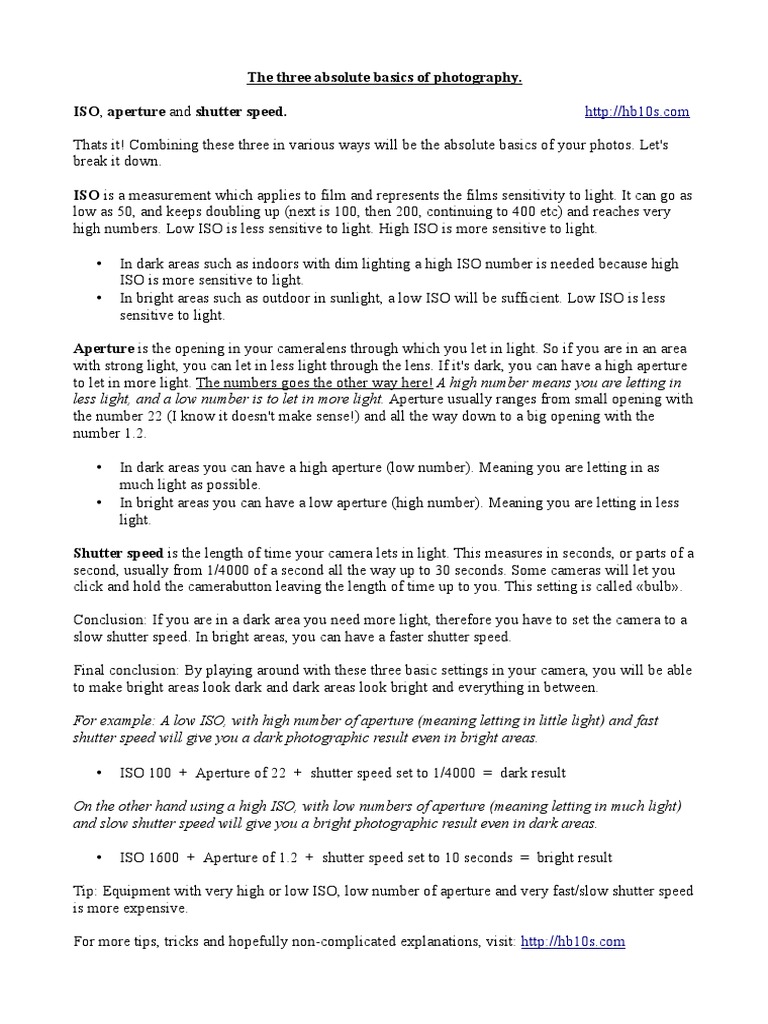 Basics of ISO, Aperture, and Shutter Speed | PDF | Shutter Speed | Film ...