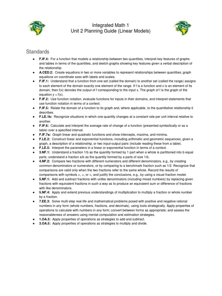 Standards: Integrated Math 1 Unit 2 Planning Guide (Linear Models ...